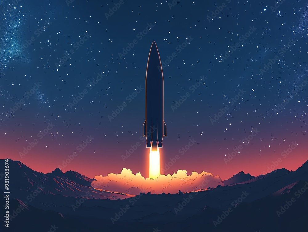 Worms-eye view, minimal design of historical space race, sleek rocket ...