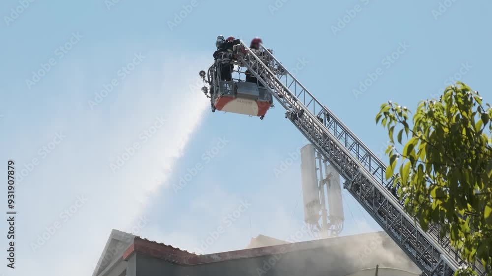 Firefighters extinguish fire on the roof of house using extended ladder ...