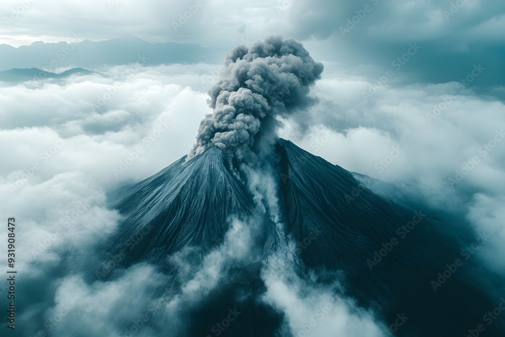 Wide-angle aerial image of a volcano erupting with a big ash and smoke ...