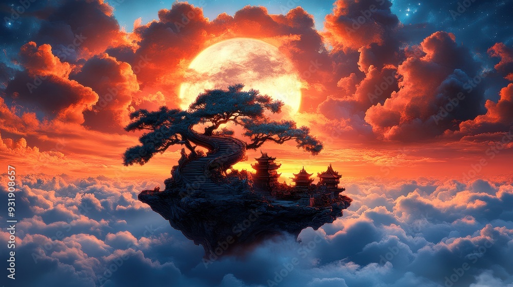 Poster A colossal dragon spiraling around a floating island, surrounded ...