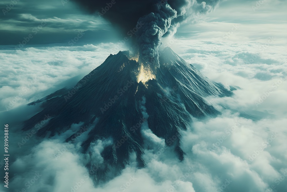 Wide-angle aerial image of a volcano erupting with a big ash and smoke ...