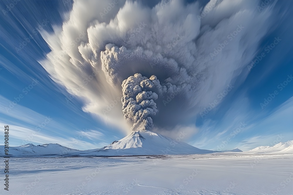 Wide-angle aerial image of a volcano erupting with a big ash and smoke ...