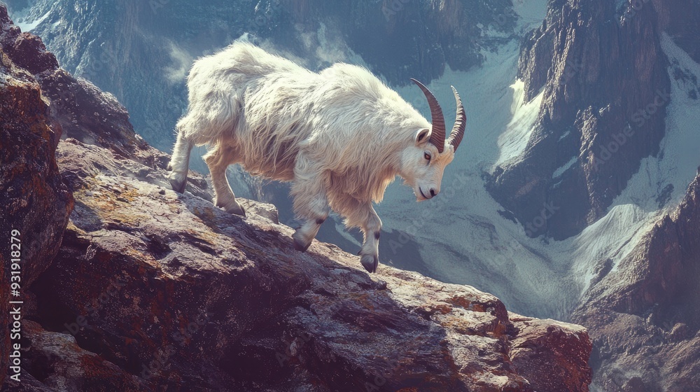 Mountain goat navigating treacherous rocky terrain, demonstrating its ...