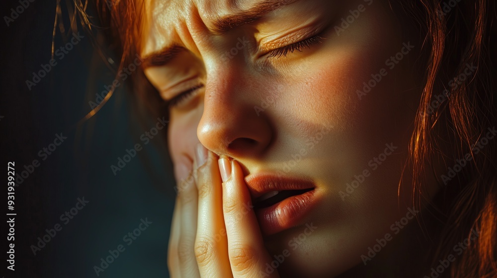 Girl holding her cheek with her hand, suffering from toothache Stock ...