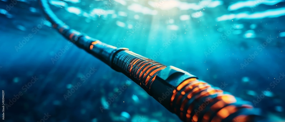 Detailed close-up of a high-tech submarine fiber-optic cable beneath ...