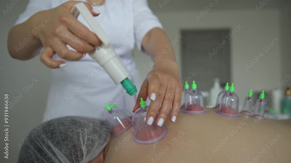 Therapist demonstrates cupping therapy on male and female patients ...