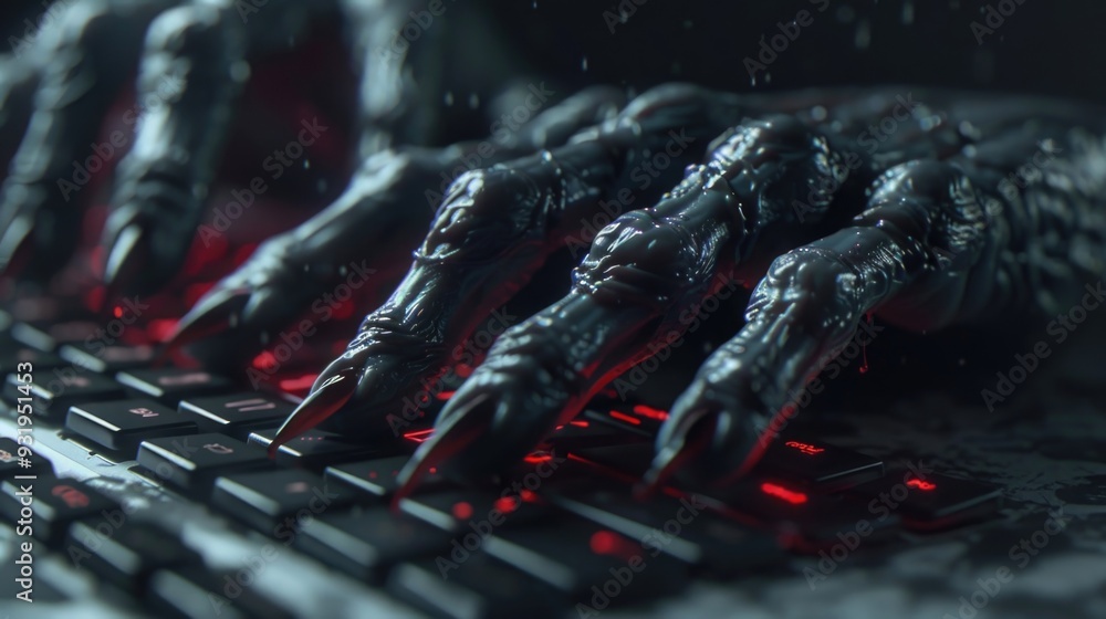 Creepy alien fingers with long nails are pressing keys on a keyboard ...