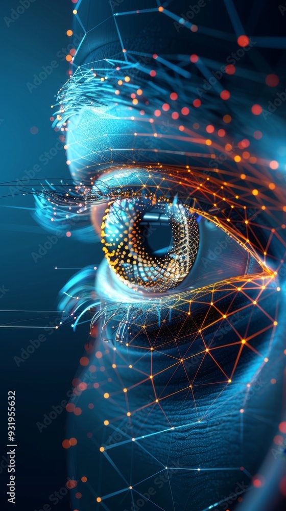 blue digital eye, concept of surveillance and vision technologies, face ...