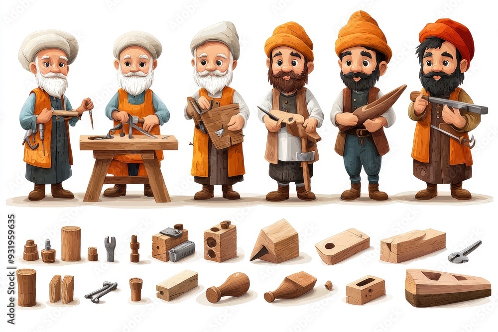 Cartoon Carpenters Working on Wood - Craftsmanship, Skill, and Tools ...