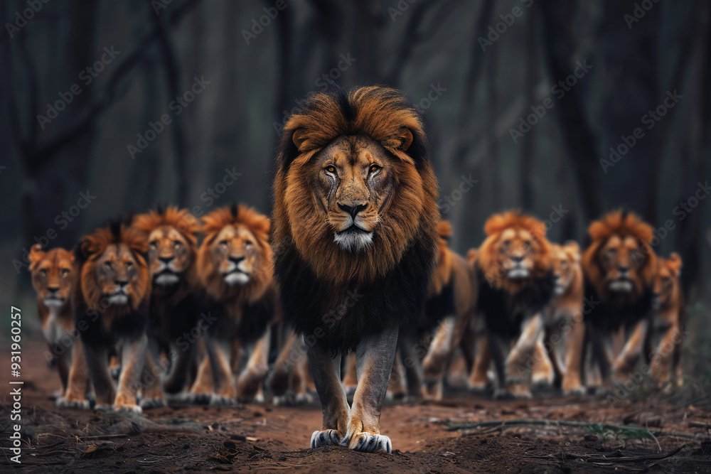 Lion Leading a Pride in the Forest - Majestic and Powerful Leadership ...