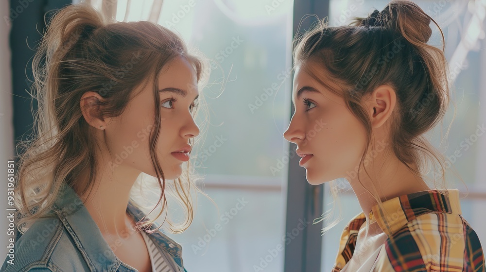 Side view of two young women communicating and helping each other to ...