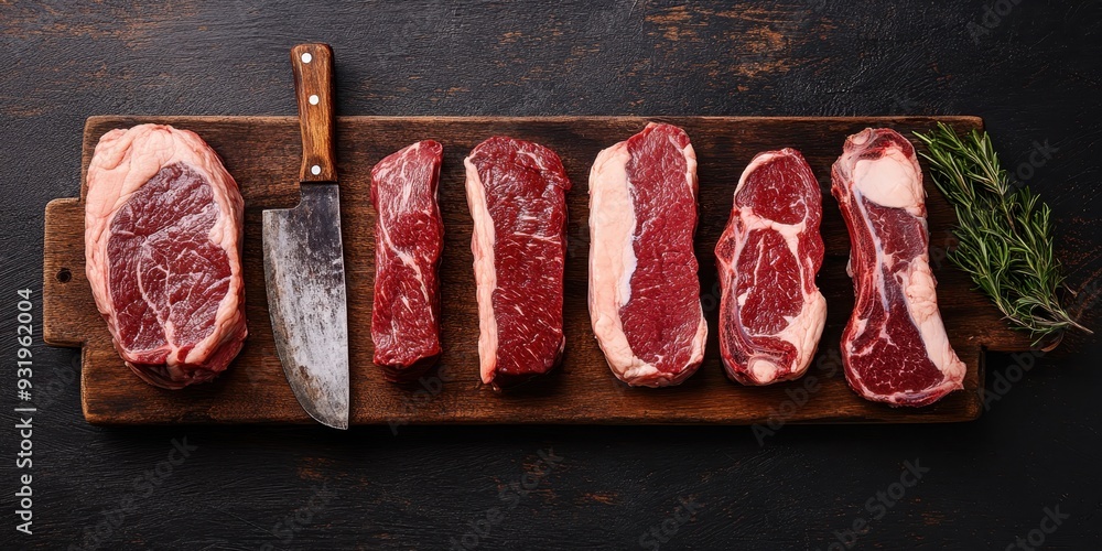 Variety of Raw Black Angus Prime meat steaks Machete, Blade on bone ...