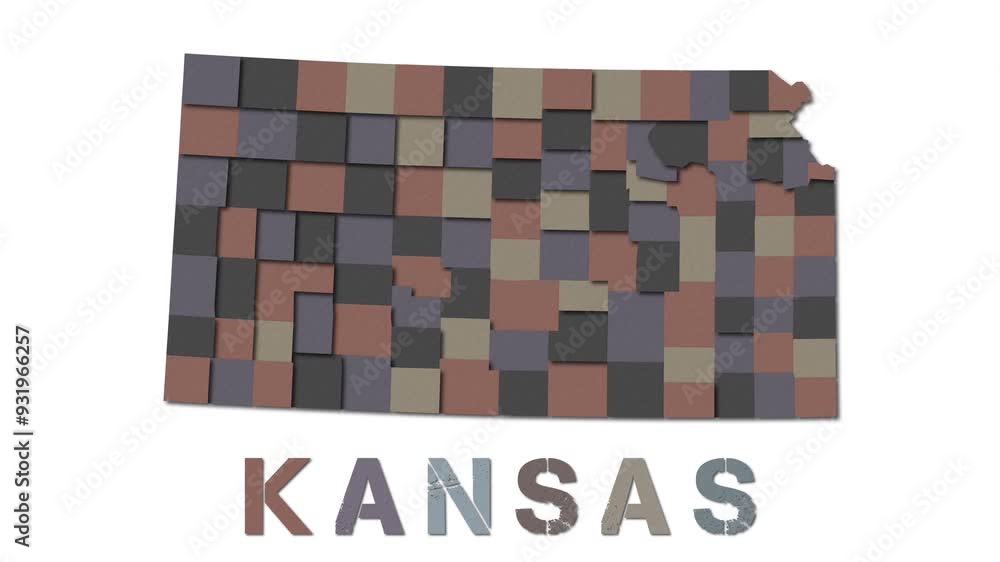 Kansas map with paper regions. Animated US state map growing from ...
