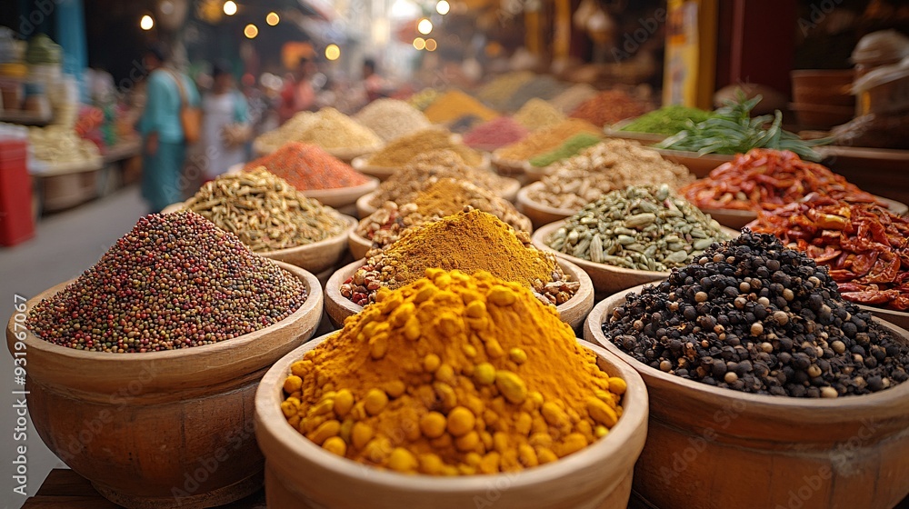 A bustling scene at the spice market in Kochi, with mounds of colorful ...