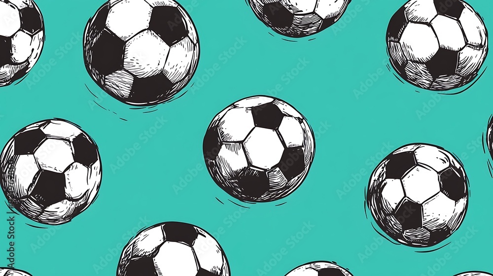 Bold Soccer Ball Seamless Pattern on Teal Background - Cartoon Vector ...