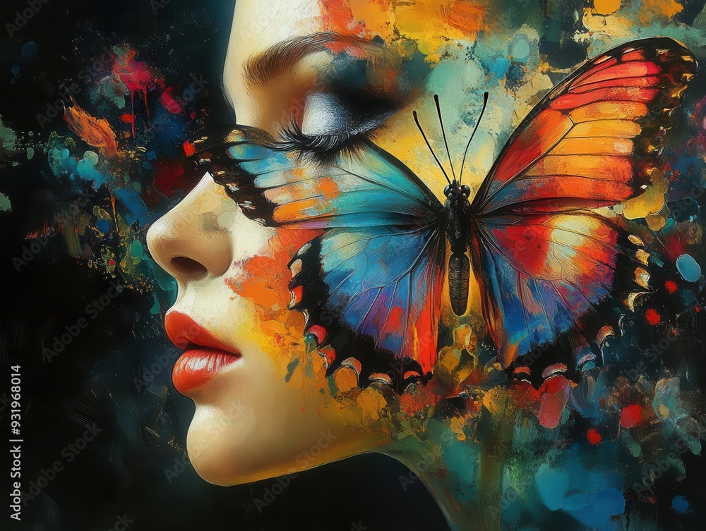 surrealist butterfly metamorphosis portrait womans face dissolves into ...