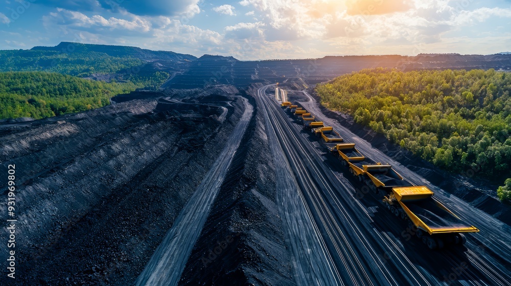 Drone perspective of a sprawling open pit coal mine, with detailed ...