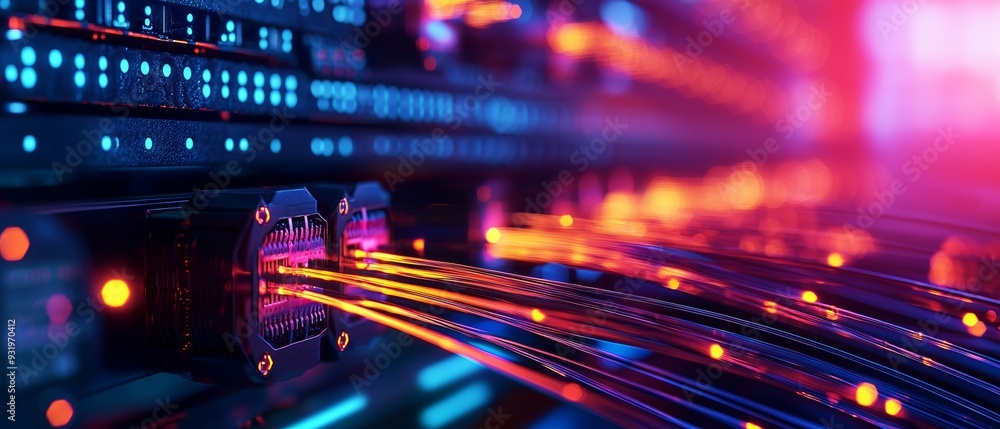 High-tech submarine cable system with glowing fiber-optic strands ...