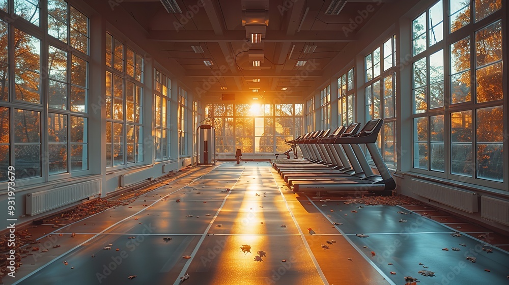 Morning sunlight streams through clear gym windows, casting shadows in ...
