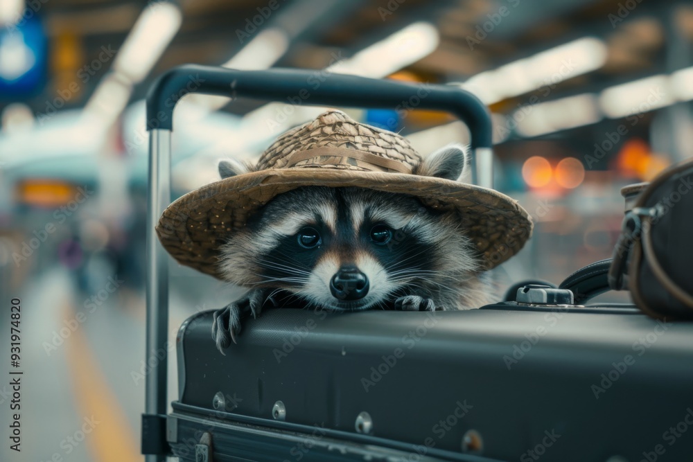 A curious raccoon in a safari hat peeks out from behind a luggage ...