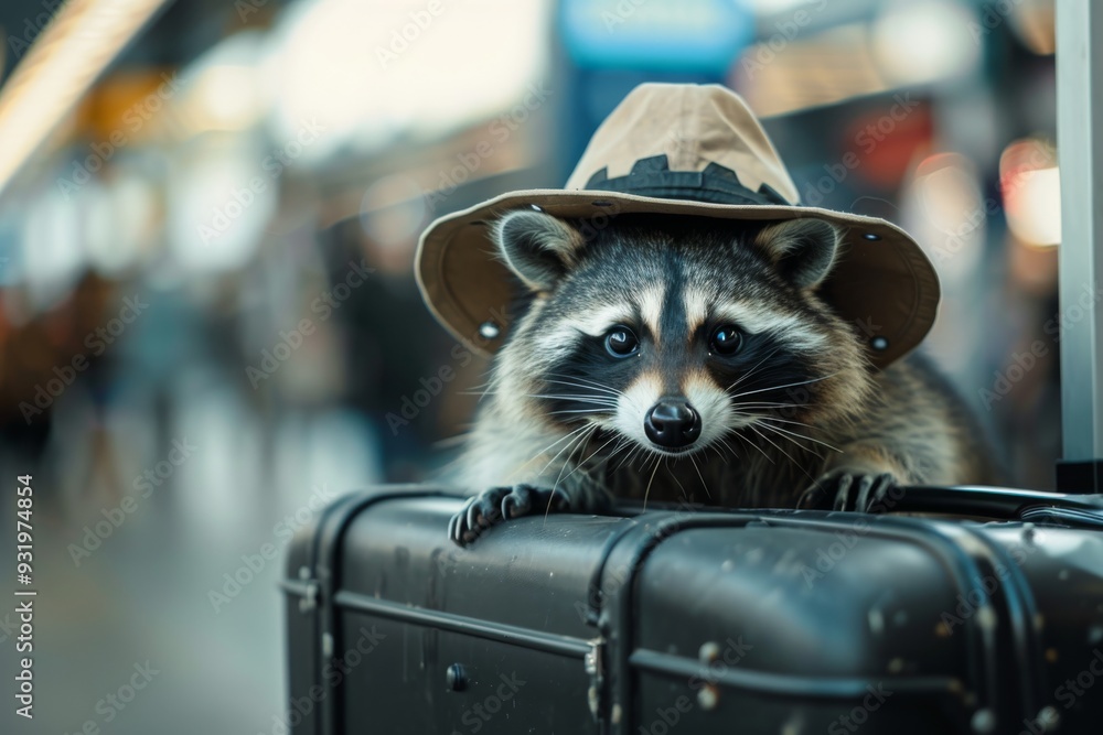 A curious raccoon in a safari hat peeks out from behind a luggage ...