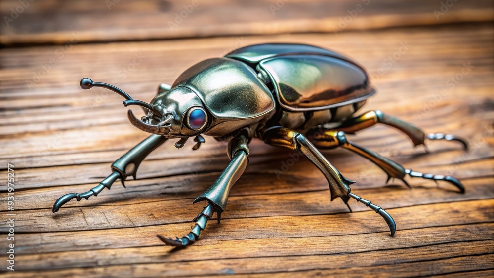 Iron beetle with metallic exoskeleton crawling on a wooden surface ...