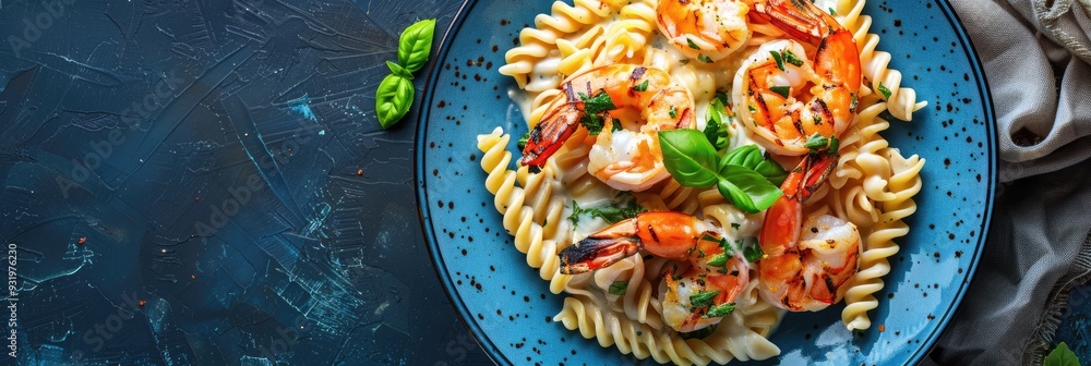 Grilled Shrimp Pasta with Bechamel and Seafood Cream Sauce from a Top ...