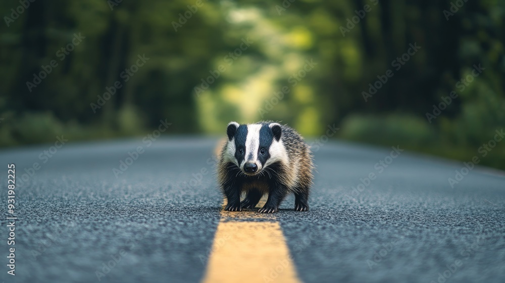 Early morning scene of a badger on the road by the forest, capturing ...