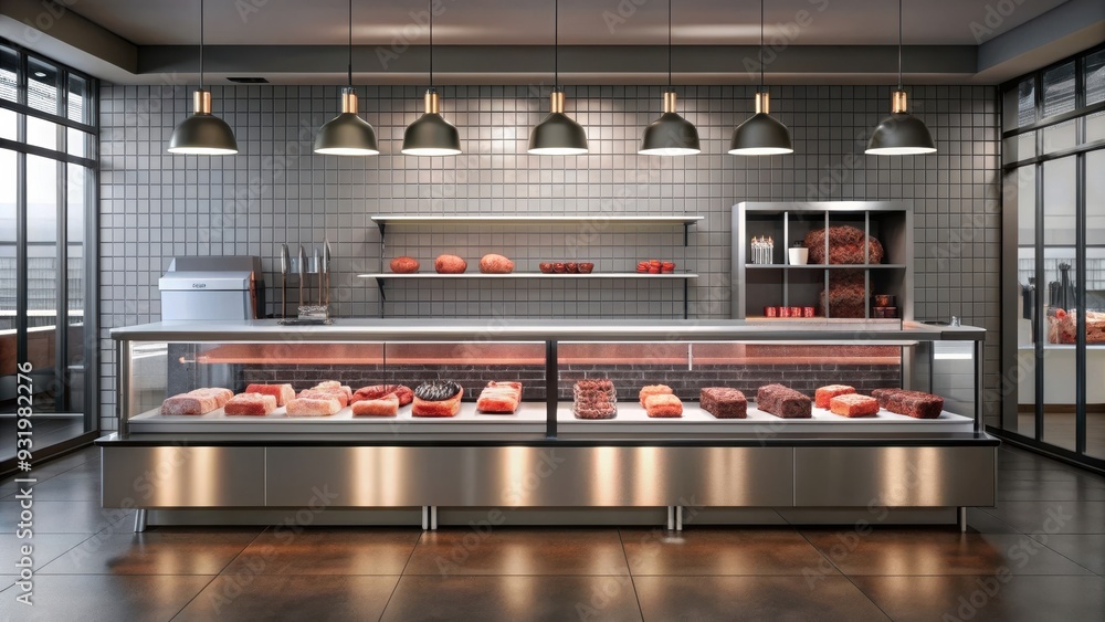 Sideview of a stylish butcher shop with meat displayed in fridge ...
