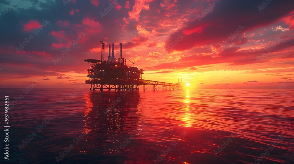 Offshore oil and gas platform in the North Sea during sunset, capturing ...