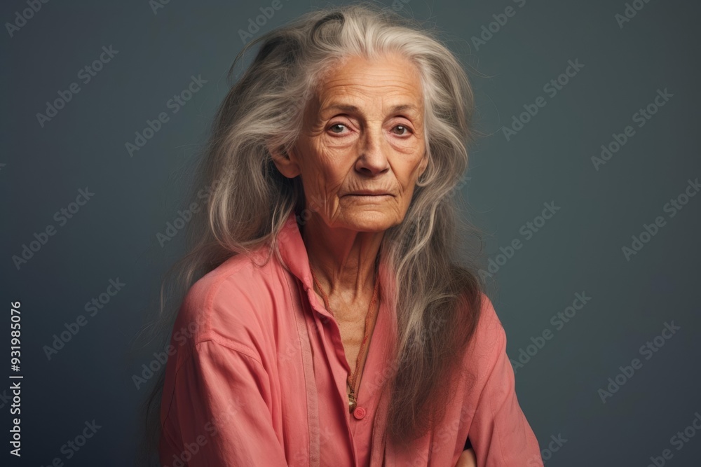 Unamused sad miserable mature long grey haired caucasian woman wearing ...