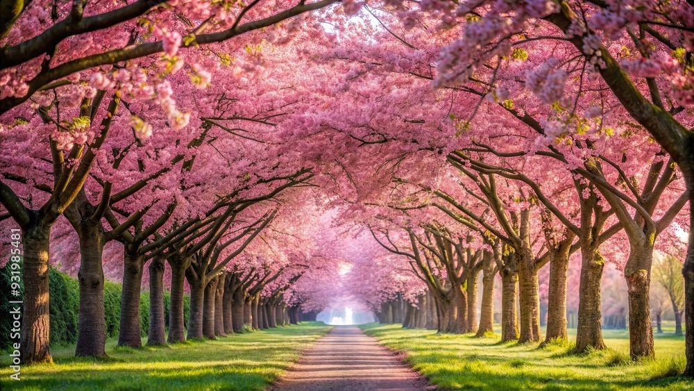 Beautiful spring landscape with a tunnel of pink blossom trees creating ...