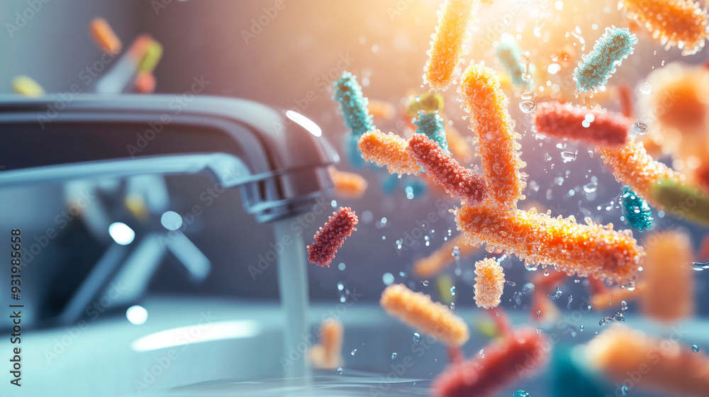 Germs and bacteria visible near kitchen tap water, hygiene and ...