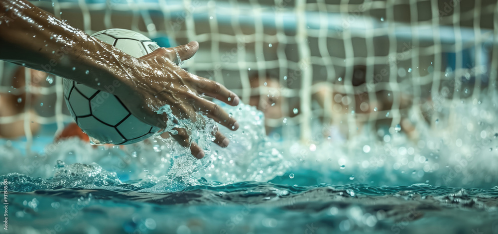 Hand reaching for a water polo ball splashing in the pool with players ...