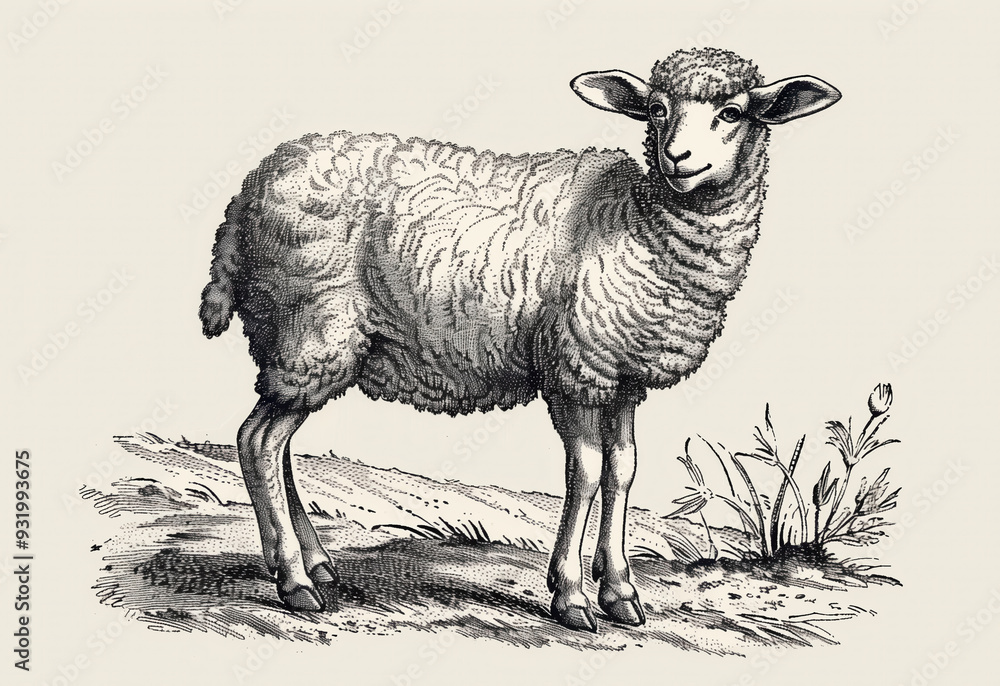 Sheep, lamb. Vintage retro print, black white sheep lamb sketch ink ...