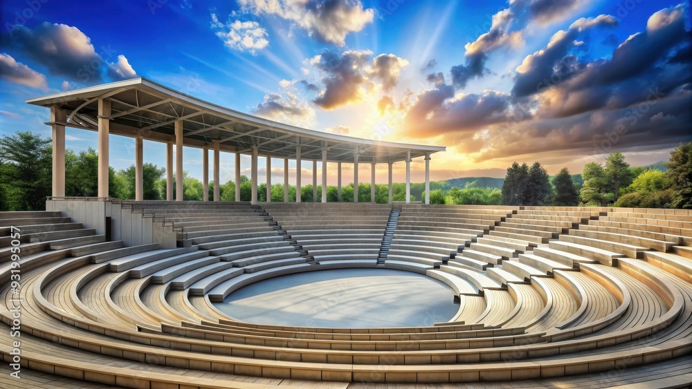 Amphitheater with tiered seating and open stage under the sky ...