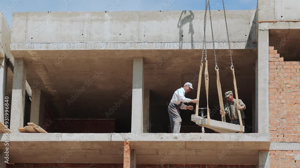 Construction Workers Managing Concrete Slab Placement. Two construction ...