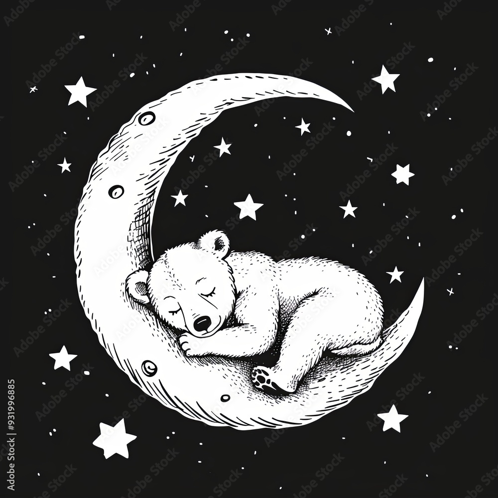 Bear cub sweetly sleeping on a crescent moon. A fairy tale character ...
