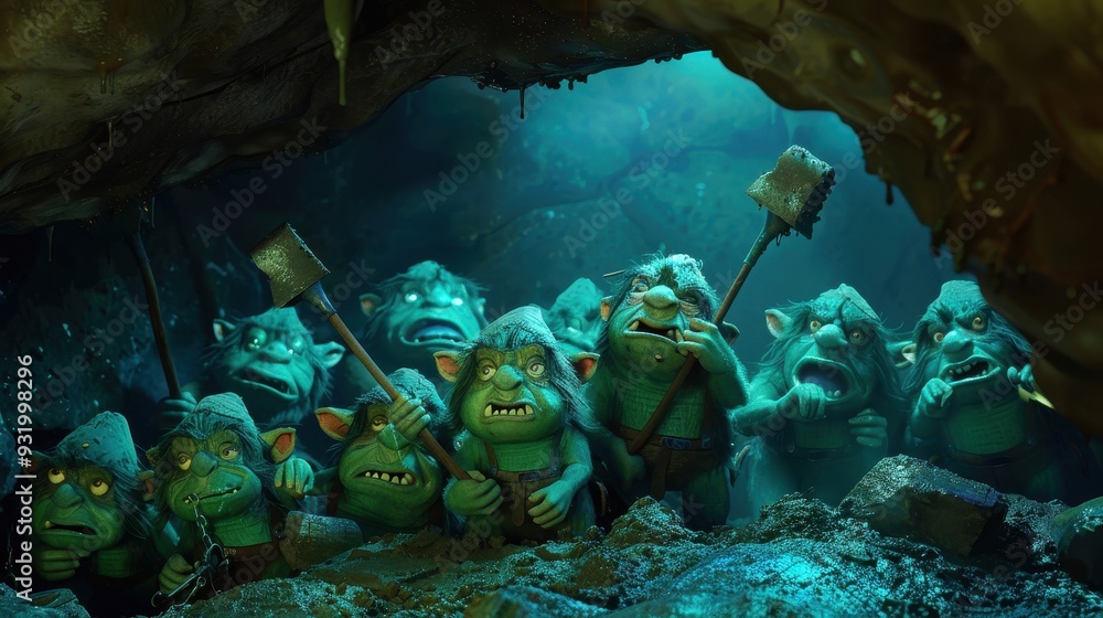 Green goblins work together, digging deep in a cave illuminated by ...