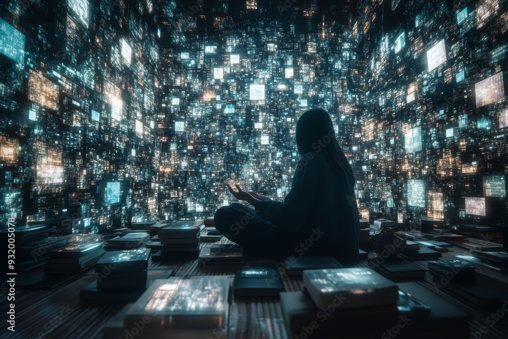 Tech savvy individual immersed in a digital environment filled with ...