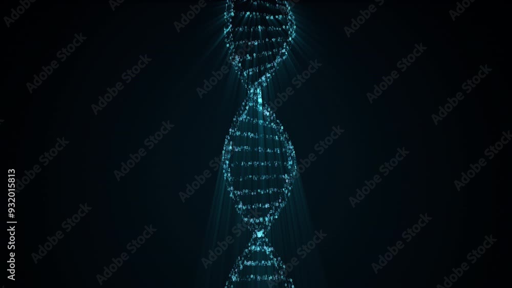 DNA strand symbol animation from glowing binary code symbols on black ...