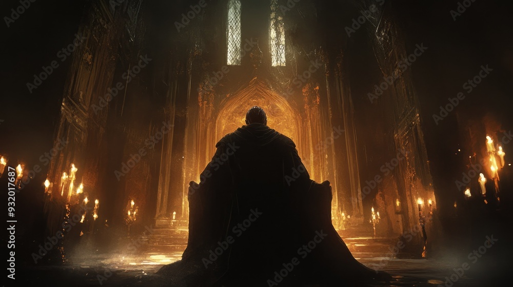 An ancient vampire king seated on a throne, with a dark, ominous castle ...