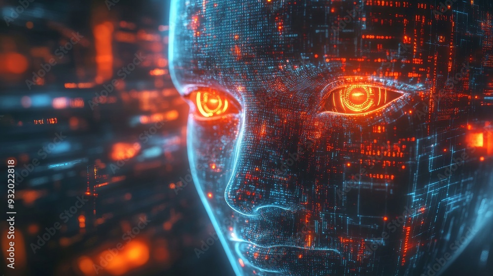 An abstract representation of AI as a digital face with glowing eyes, surrounded by floating ...