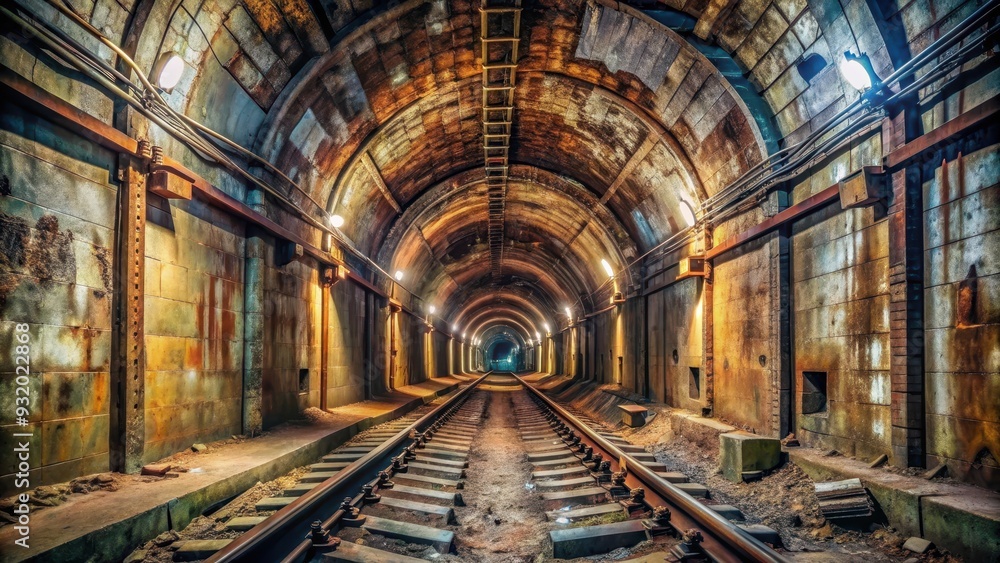 Decrepit underground tunnel with rusty rail tracks, showing signs of ...