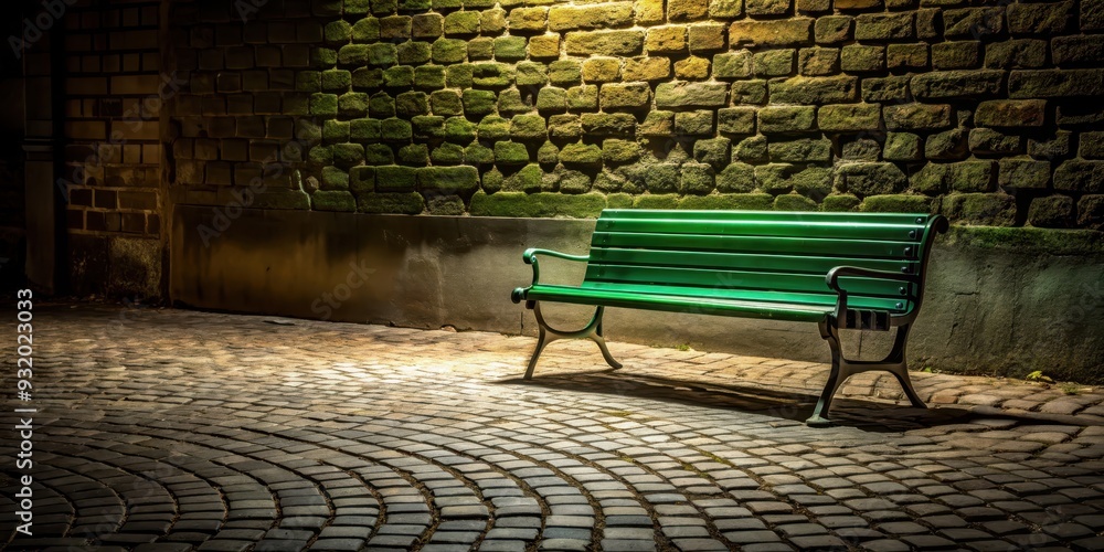 Solitary green bench in dimly lit alley casting a shadow on cobblestone ...