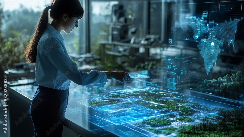 A researcher using AI to predict climate patterns, surrounded by ...