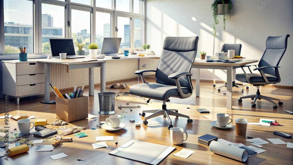 Cluttered office floor with scattered papers, coffee cups, and office ...