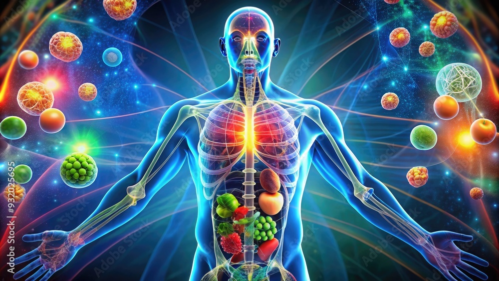 Colorful 3D illustration of the human body's metabolic system ...