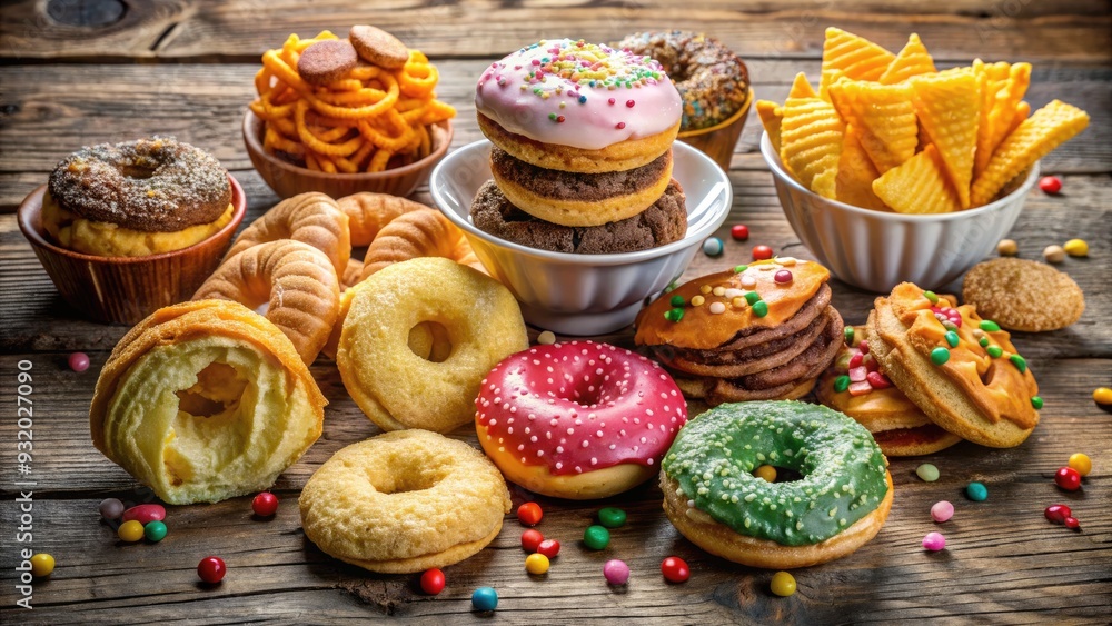Colorful array of tempting junk food, including crispy fried chips ...