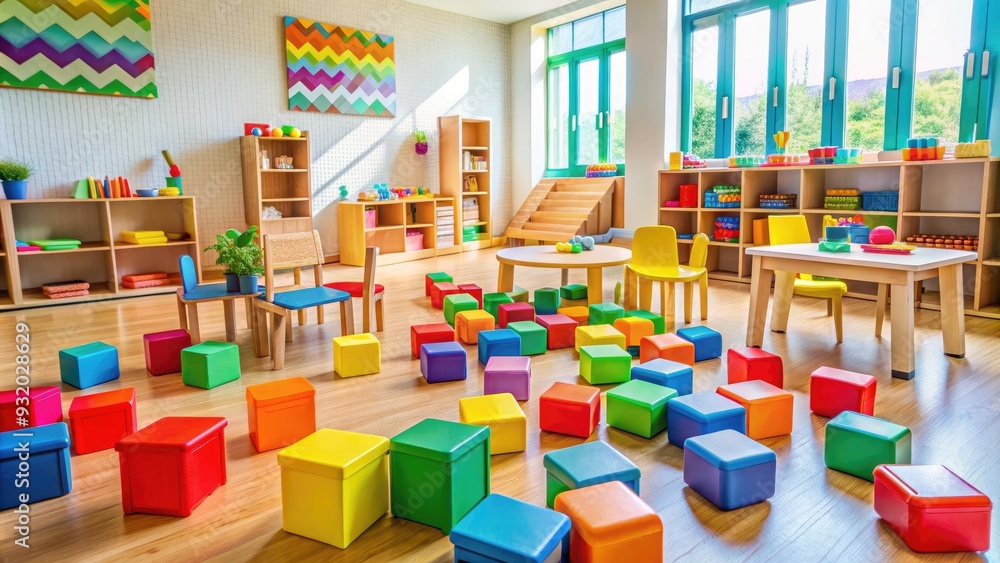 Colorful blocks, toys, and learning aids clutter a busy classroom floor ...